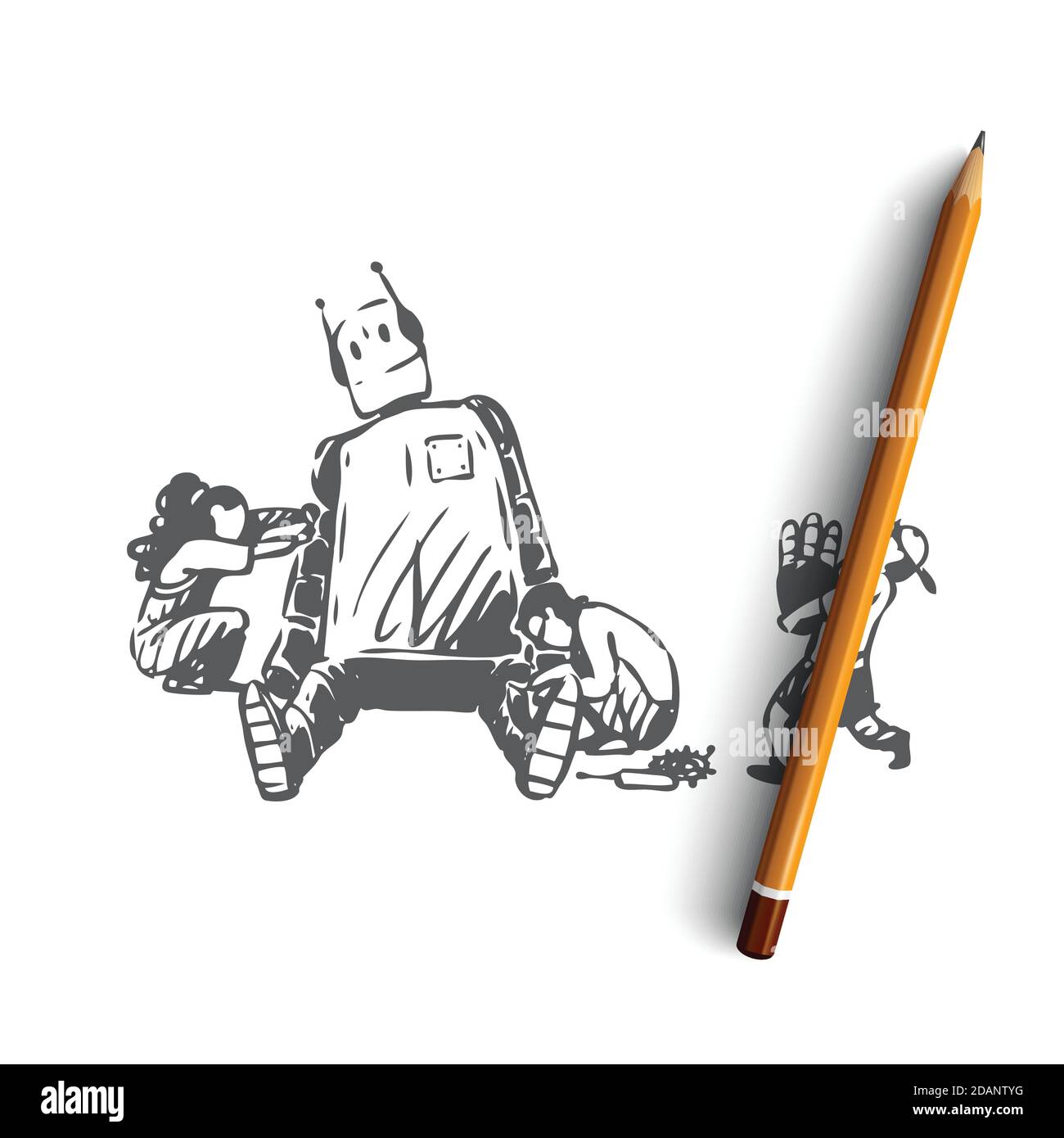 Robot, kids, play, education, machine concept. Hand drawn isolated ...