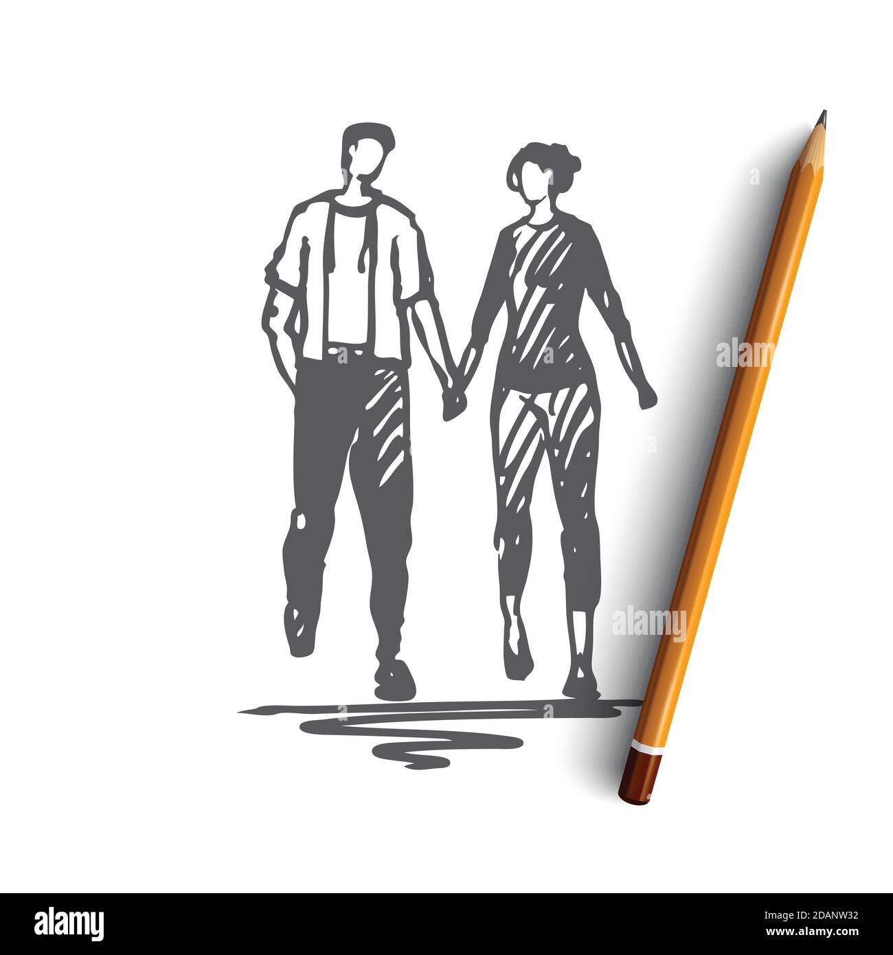Walking, couple, love, date, romance concept. Hand drawn isolated ...