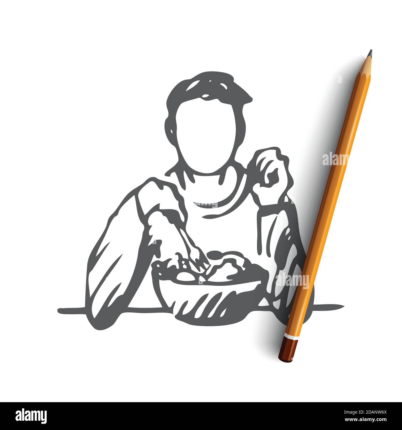 Man, eating, salad, food, nutrition concept. Hand drawn isolated vector ...