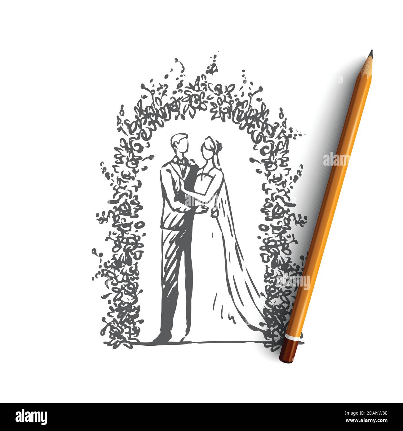 Couple, marriage, wedding, groom, bride concept. Hand drawn isolated ...