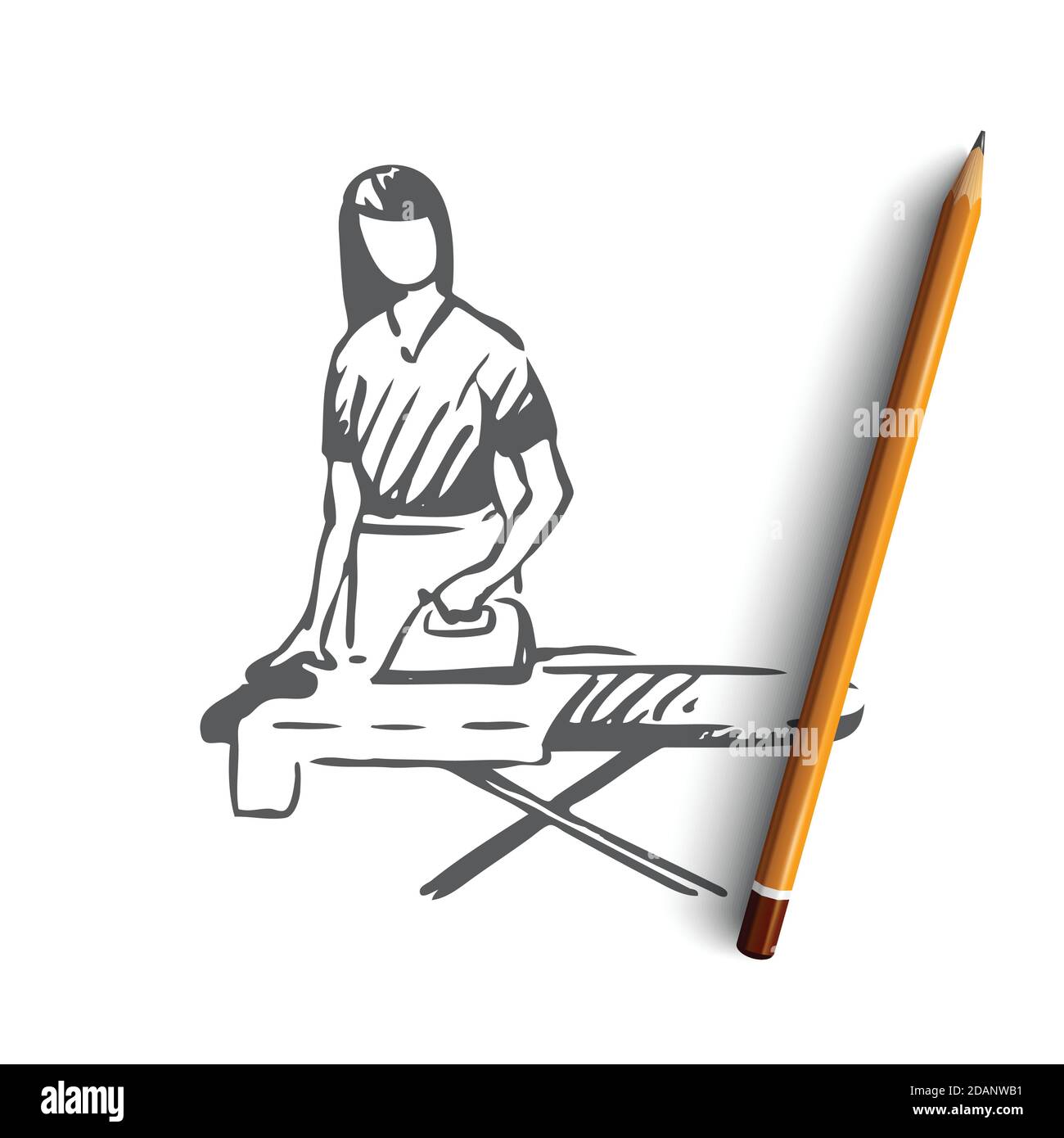 Woman, ironing, housework, clothes, domestic concept. Hand drawn ...