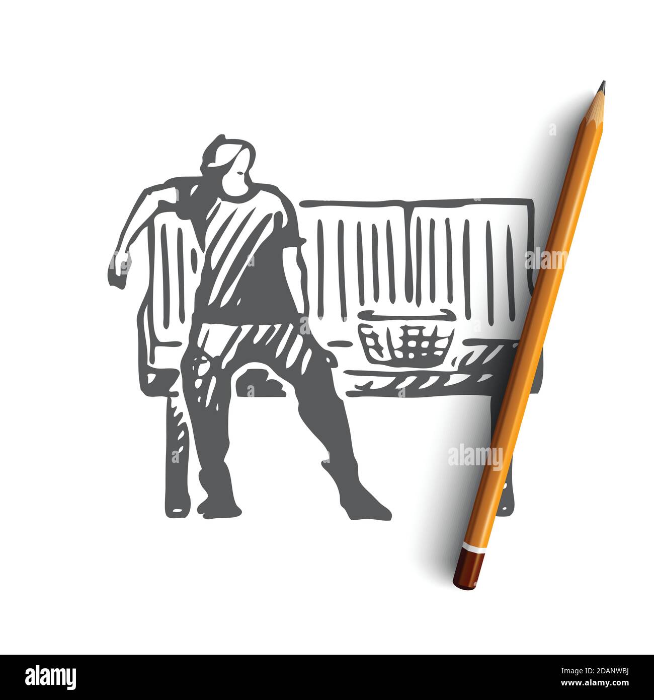 Cleaning, tired, home, work, man concept. Hand drawn isolated vector ...