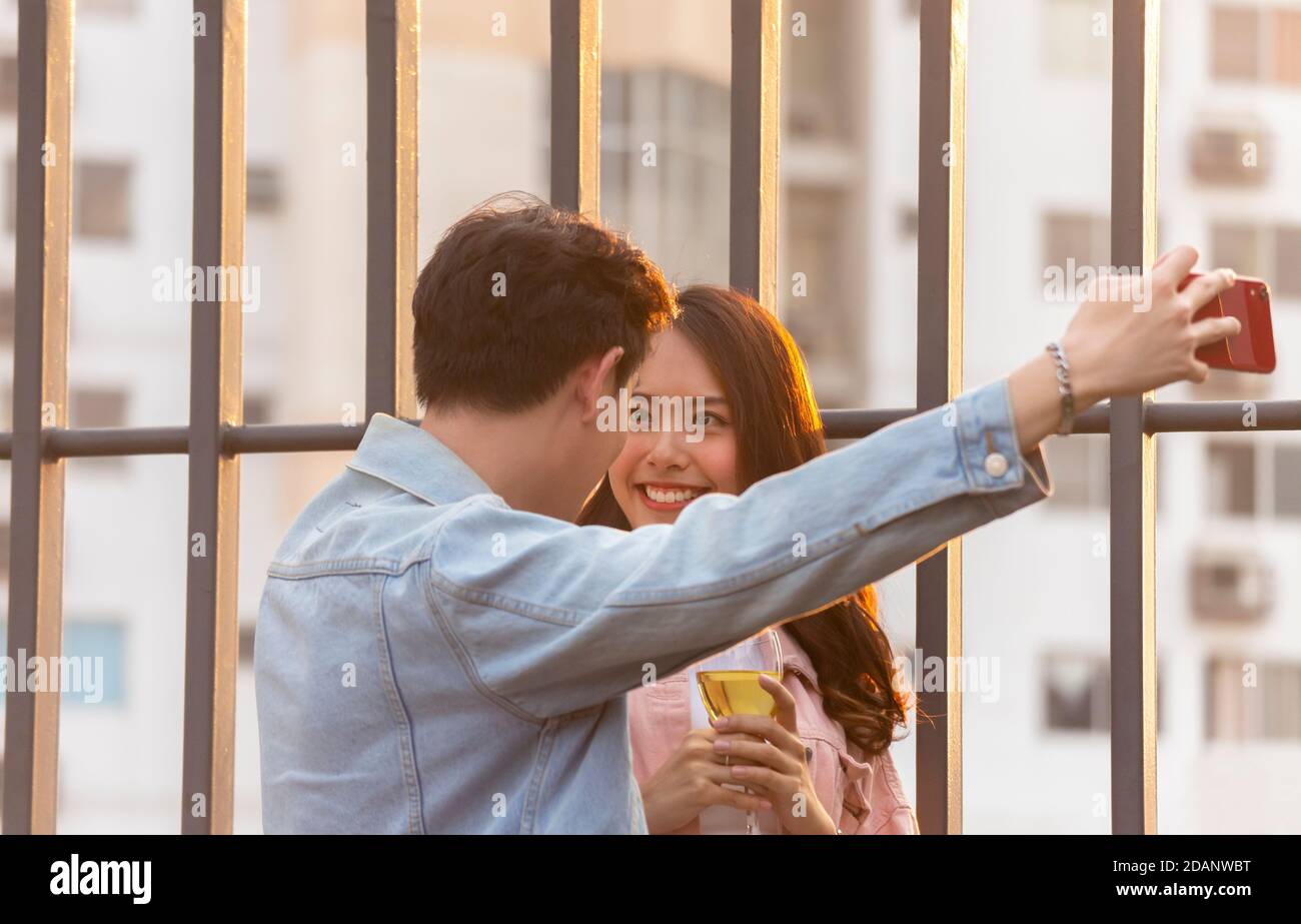 young happy couple lover and romantic at first date relationship. cute ...