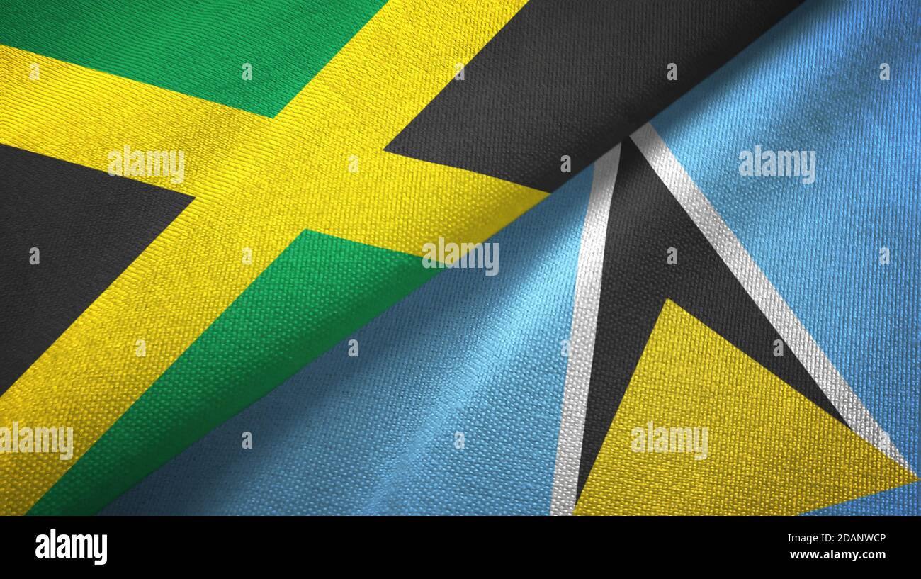 Jamaica and Saint Lucia two flags textile cloth, fabric texture Stock ...