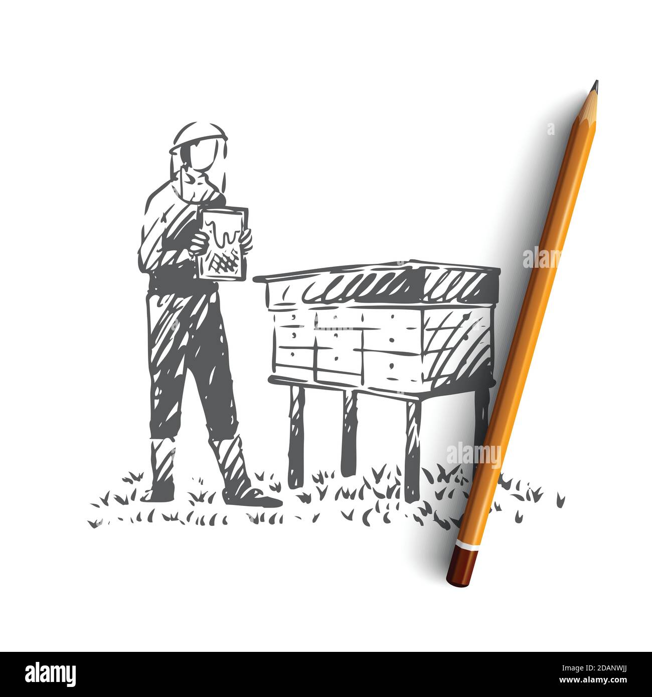 Beekeeper, agriculture, farm, bee, apiary concept. Hand drawn isolated ...