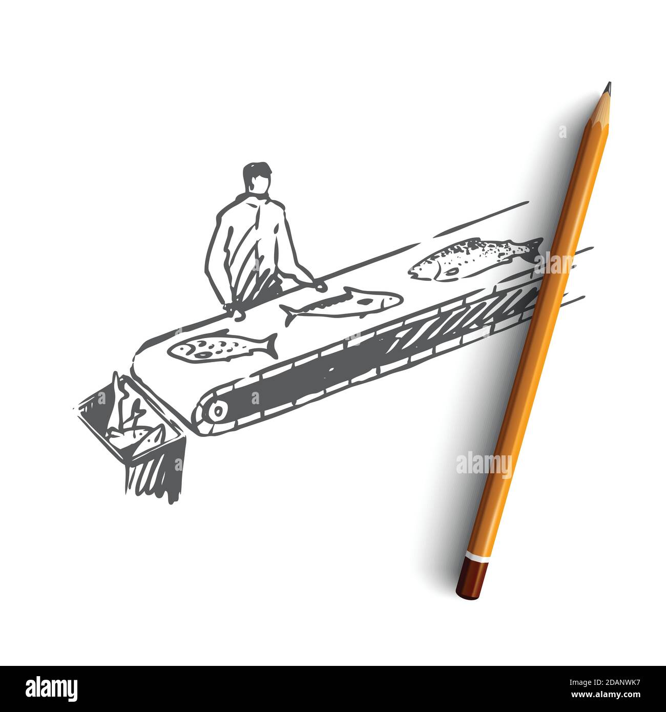 Fish, sorting, industry, production, raw concept. Hand drawn isolated ...