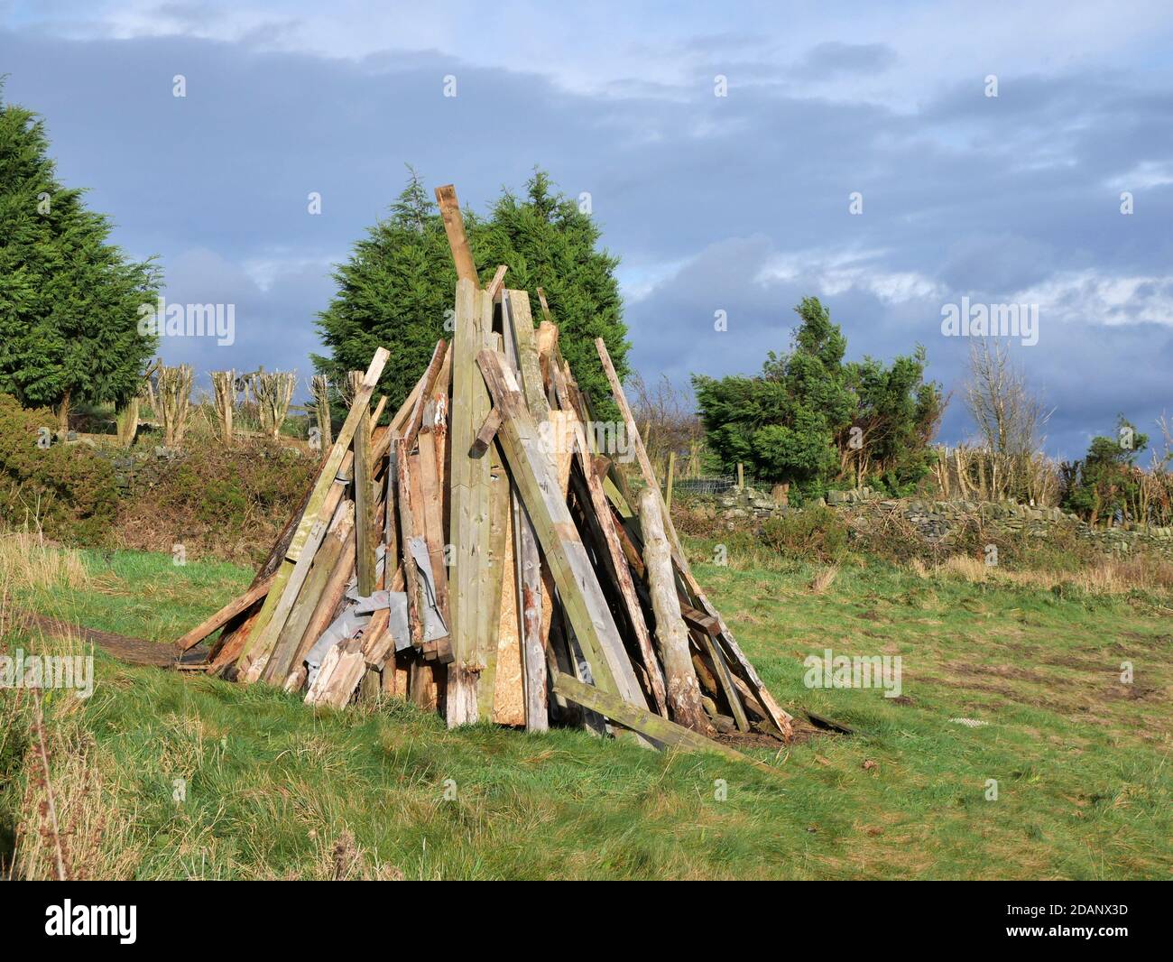 Long lengths of wood piled into pyramid shaped bonfire stack in a green ...