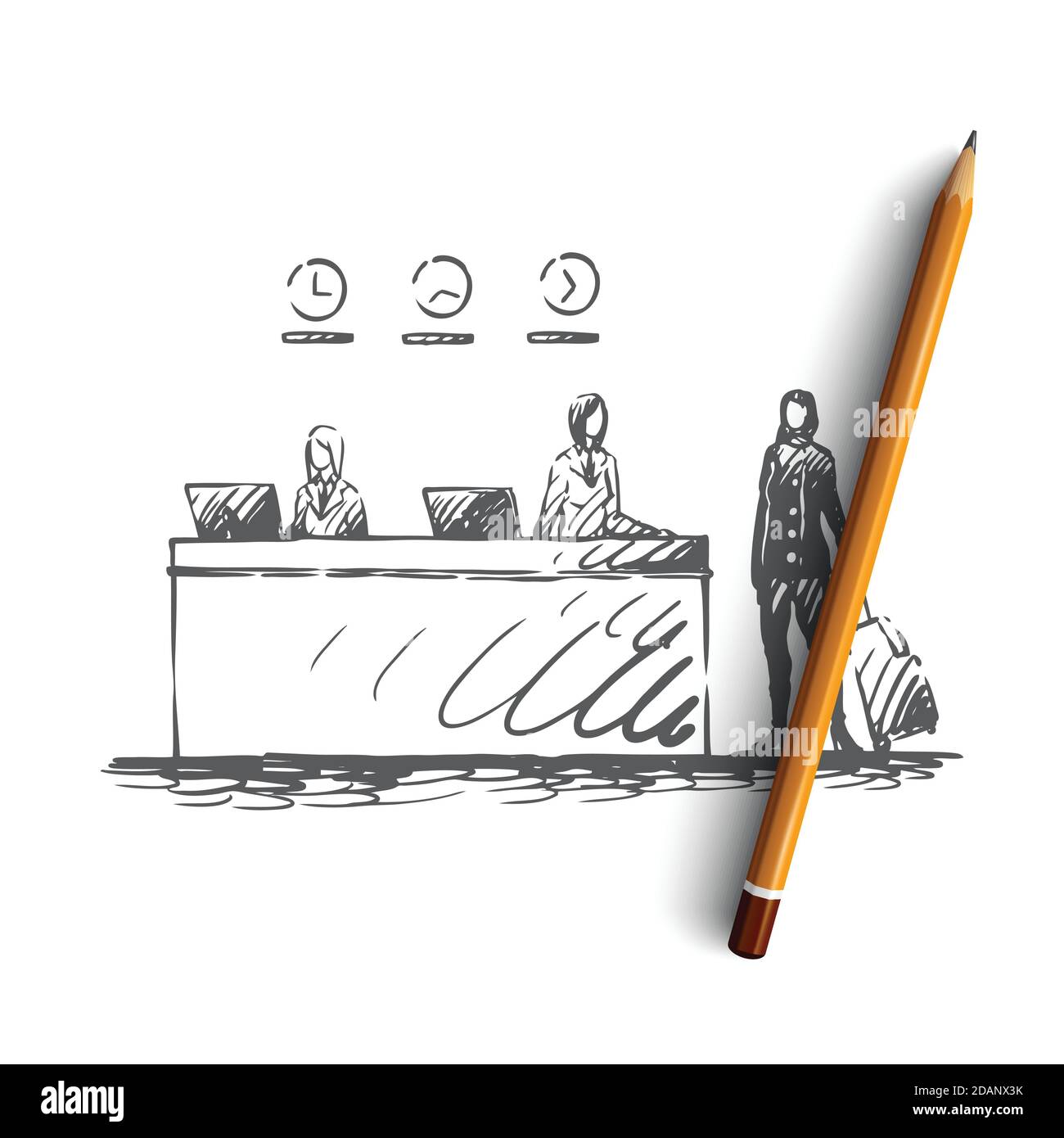 Hotel, reception, desk, guest, receptionist concept. Hand drawn ...