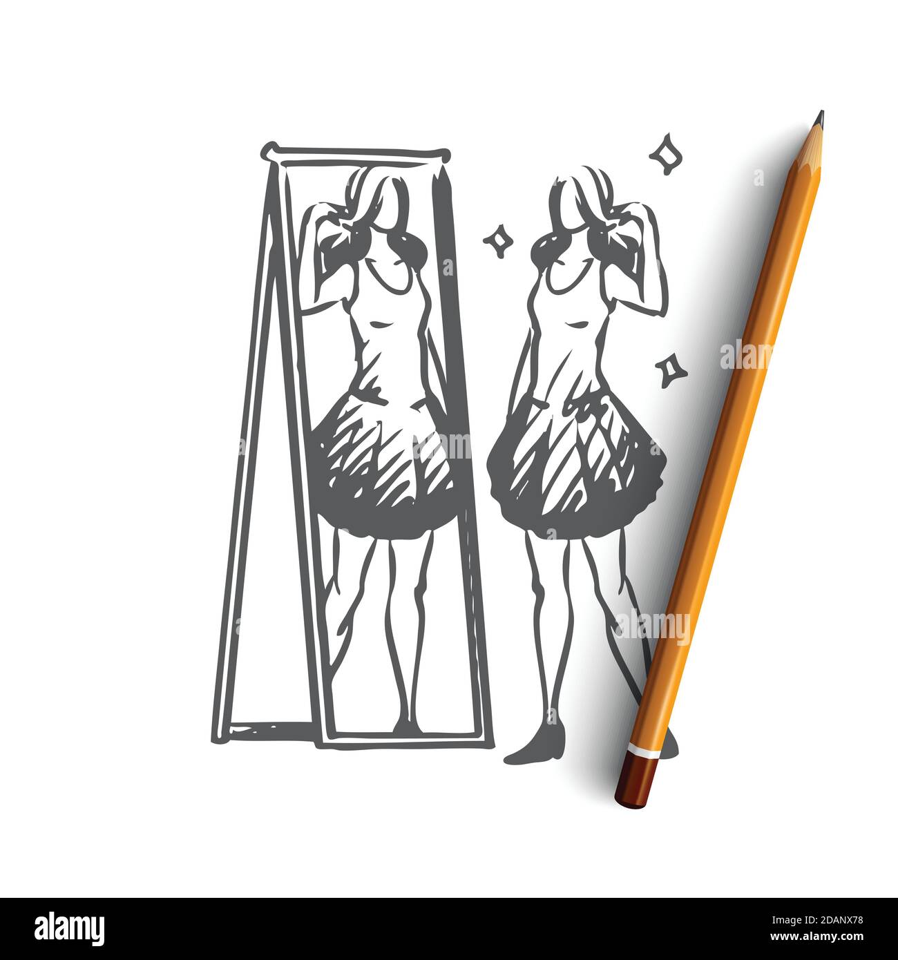 Mirror, woman, reflection, clothing, attractive concept. Hand drawn ...