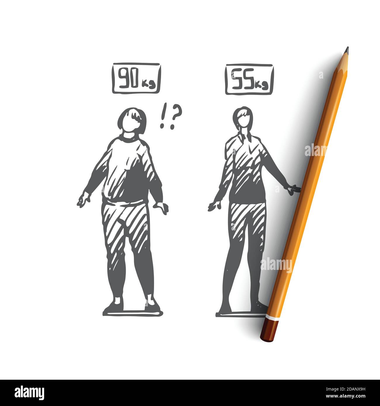 Fat, thin, slim, female, weight concept. Hand drawn isolated vector ...