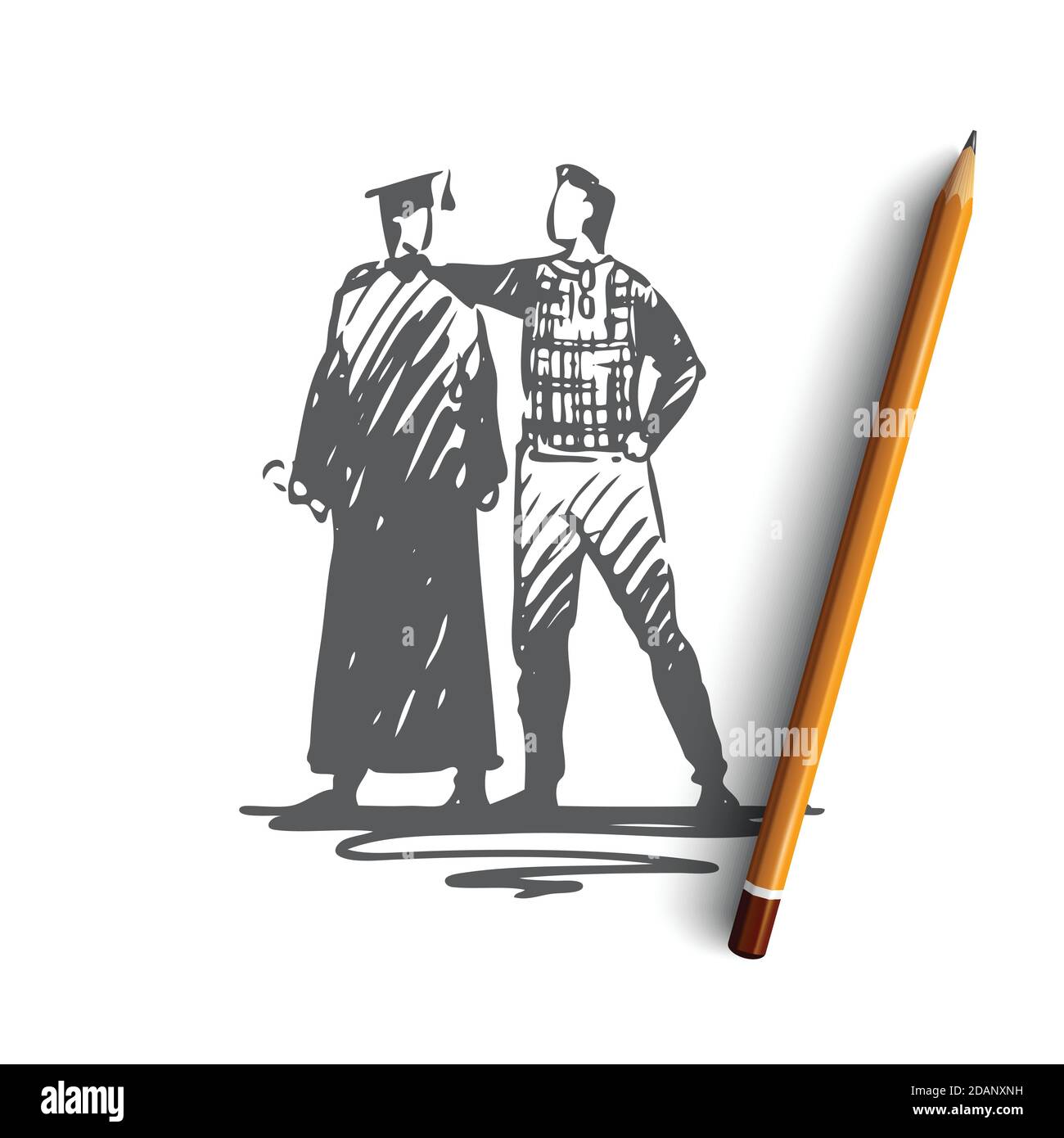 Father, son, student, university, graduation concept. Hand drawn ...