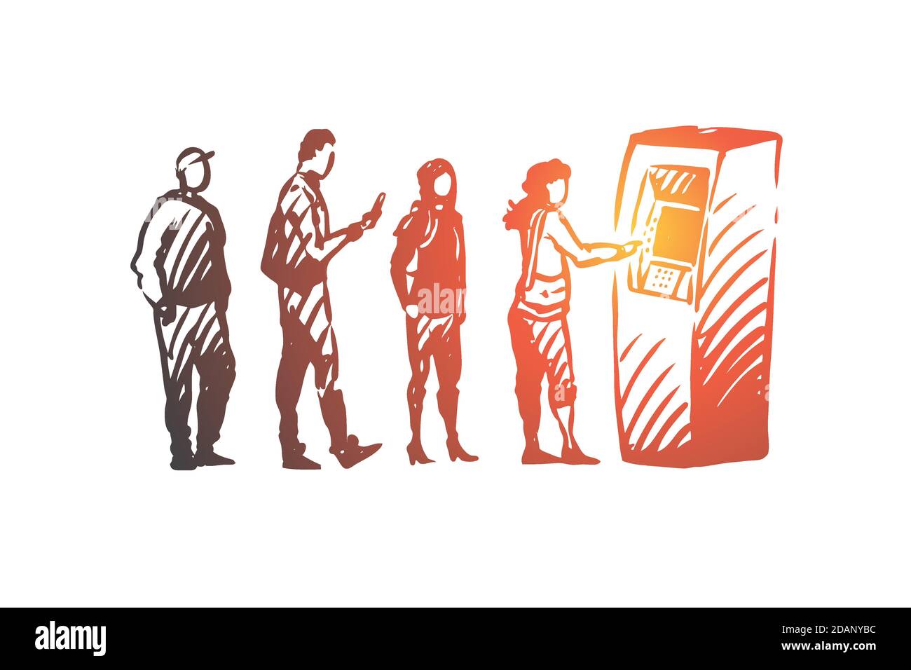 ATM, queue, people, money, machine concept. Hand drawn isolated vector ...