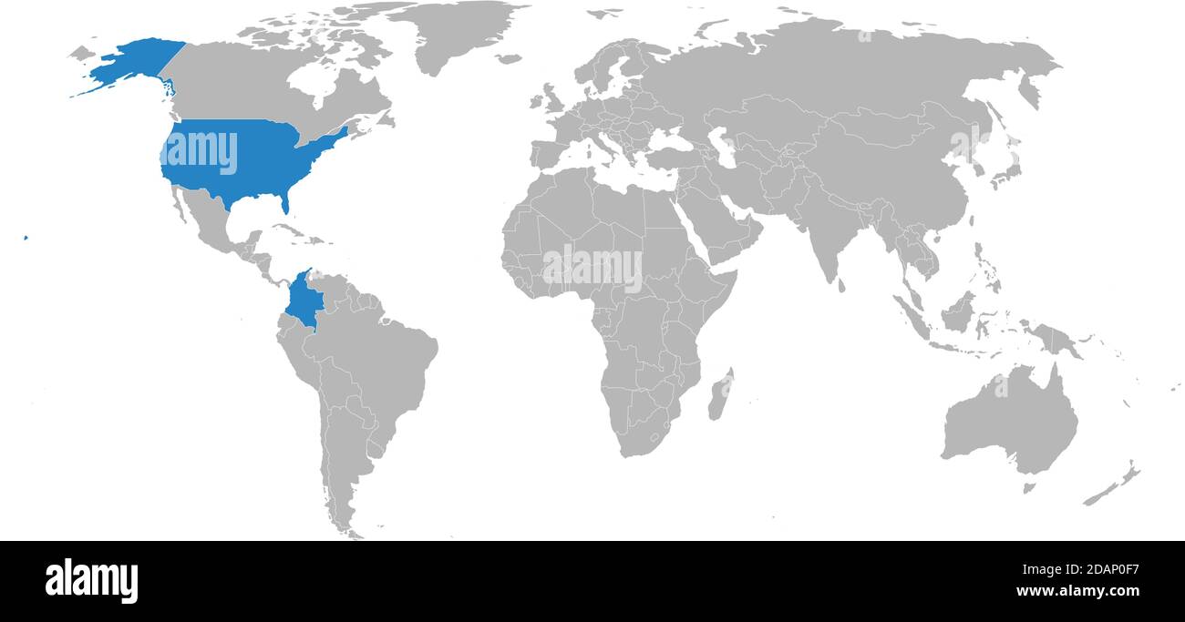Colombia, USA countries isolated on world map. Light gray background ...