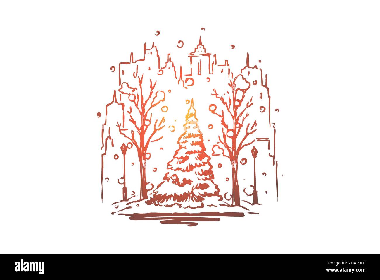 City, winter, street, tree, snow concept. Hand drawn isolated vector ...