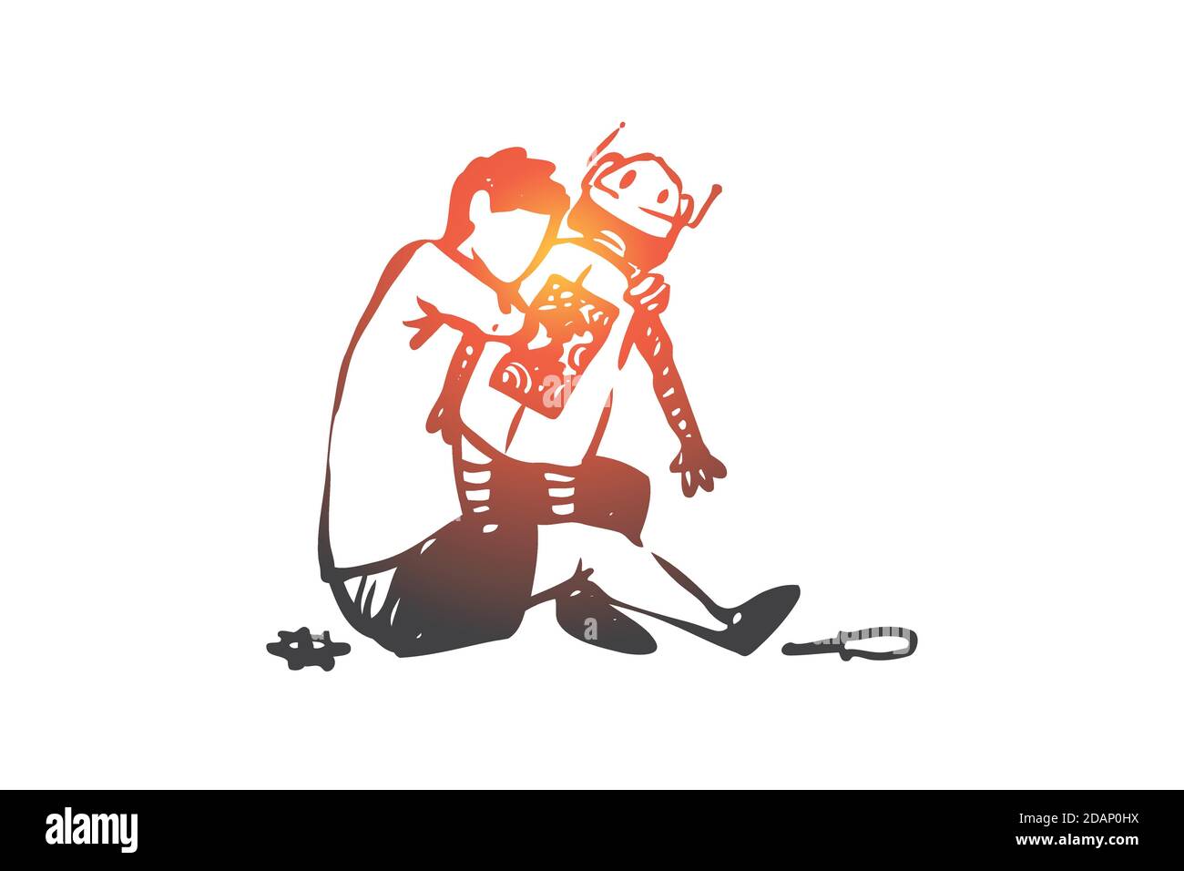 Robot, boy, play, mechanical, innovation concept. Hand drawn isolated ...