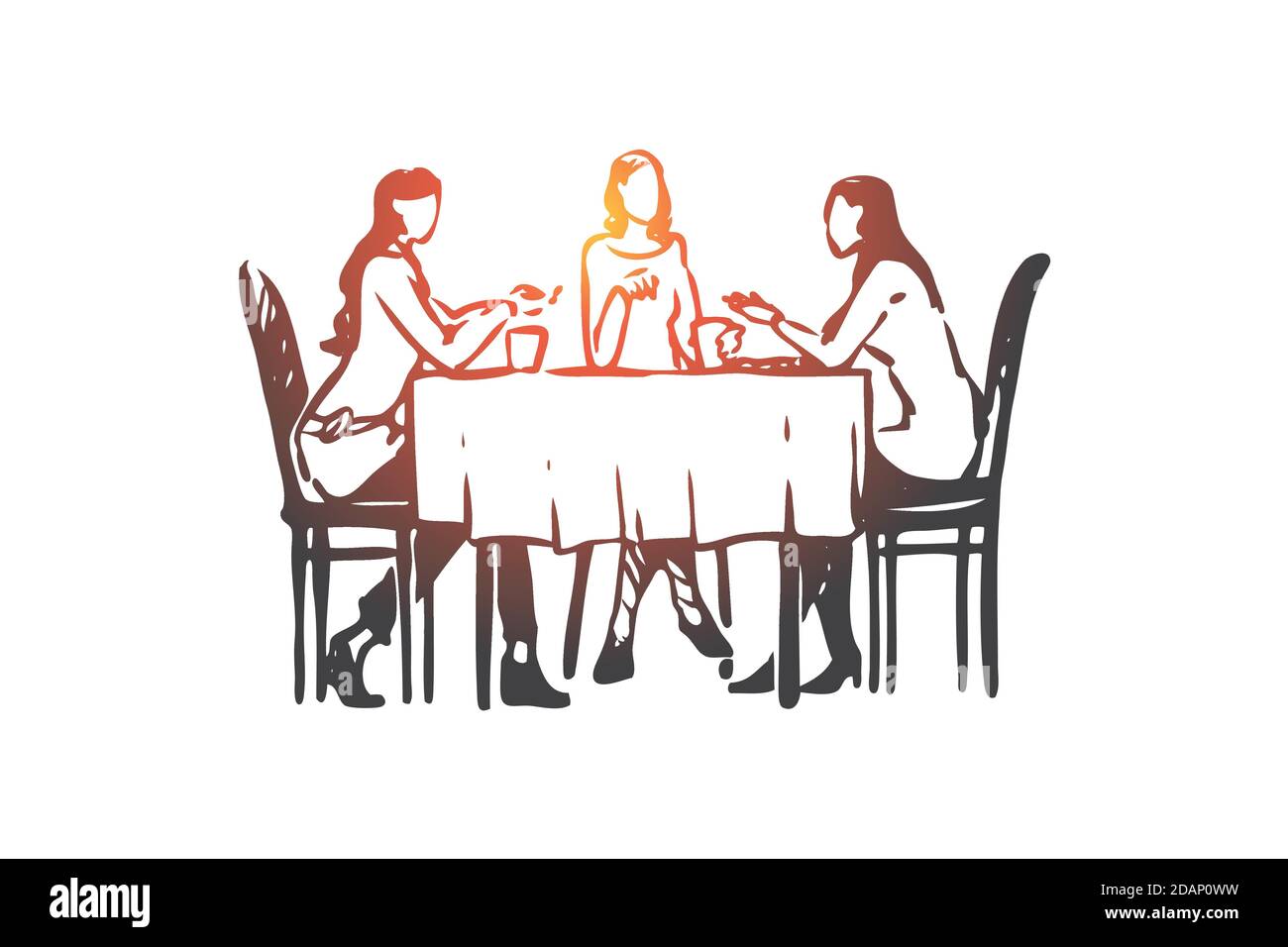 Women, restaurant, table, dishes, conversation concept. Hand drawn ...