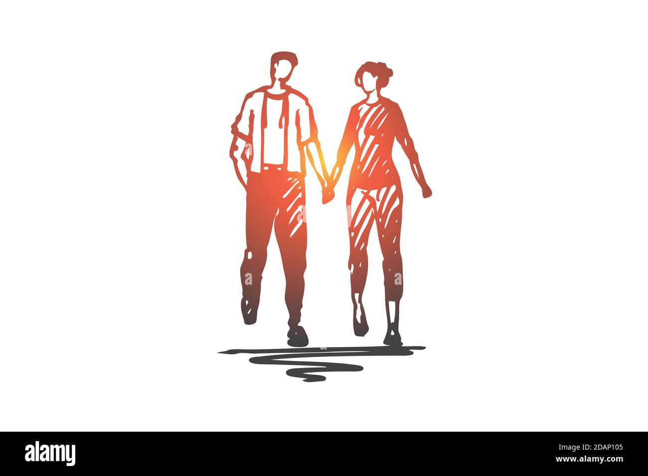 Walking, couple, love, date, romance concept. Hand drawn isolated ...