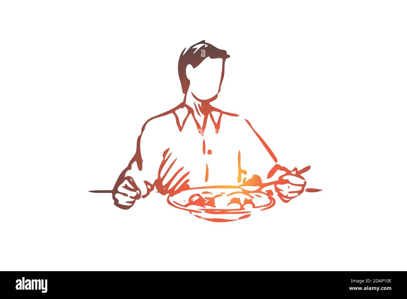Man, eat, food, soup, lunch, meal concept. Hand drawn isolated vector ...