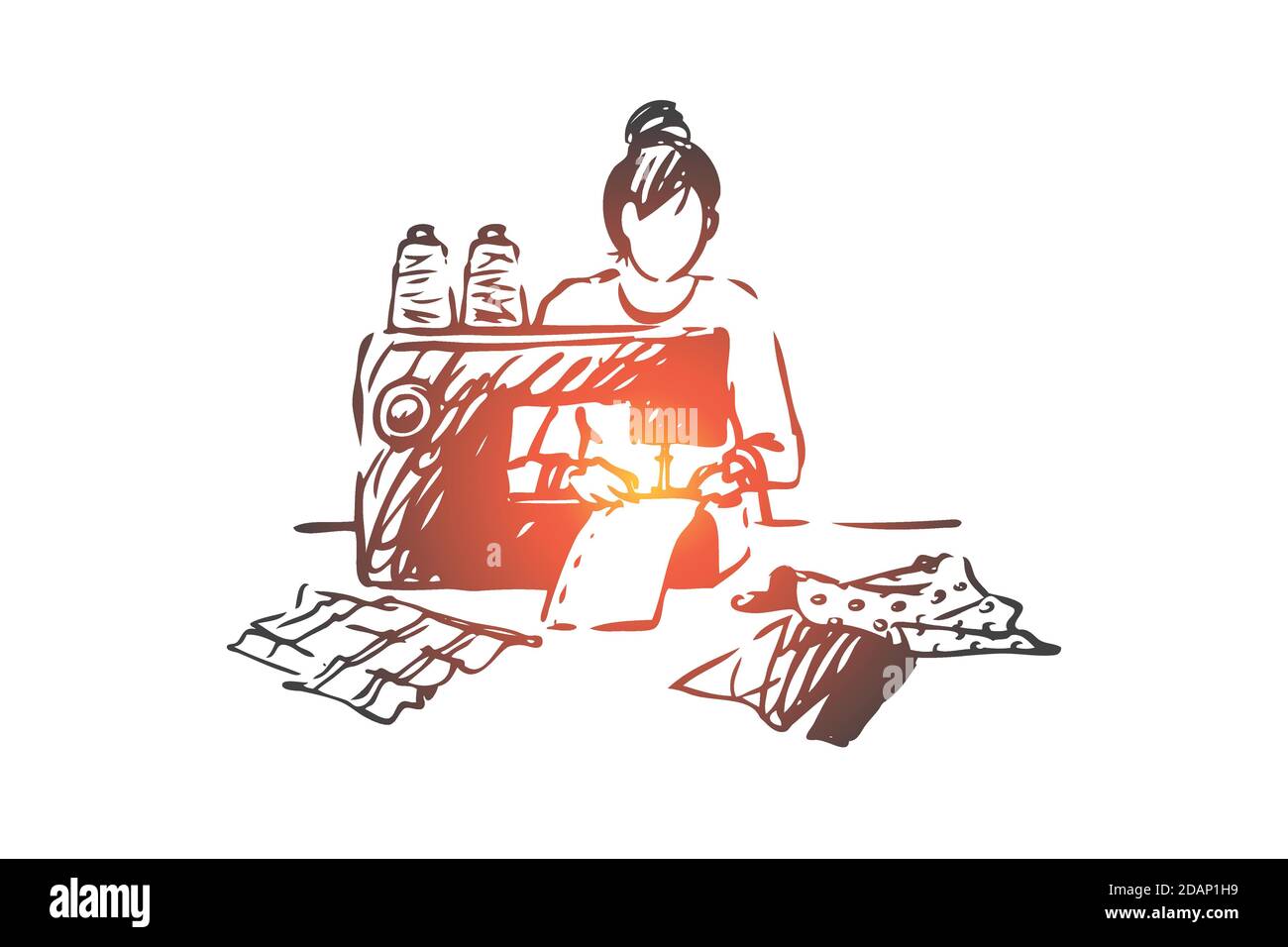 Sewing machine, woman, fabric, textile, clothing concept. Hand drawn ...