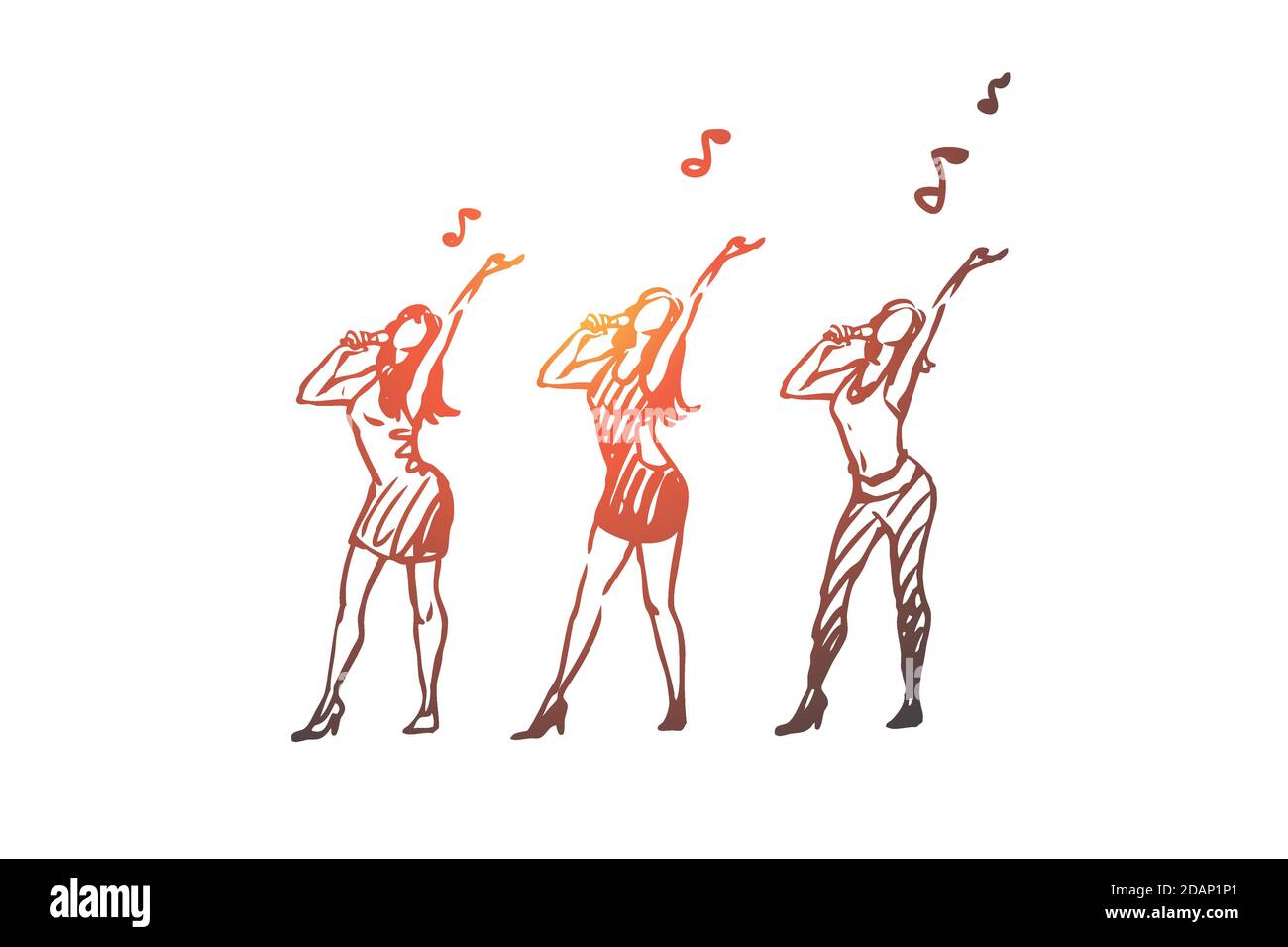 Music, dance, woman, singer, performance concept. Hand drawn isolated ...