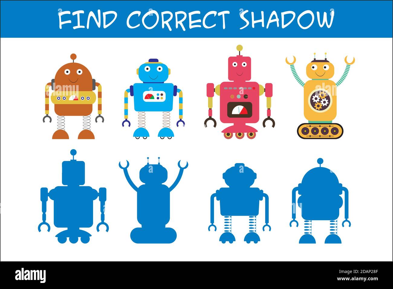 Kids game with robots,find correct shadows,template page Stock Vector ...