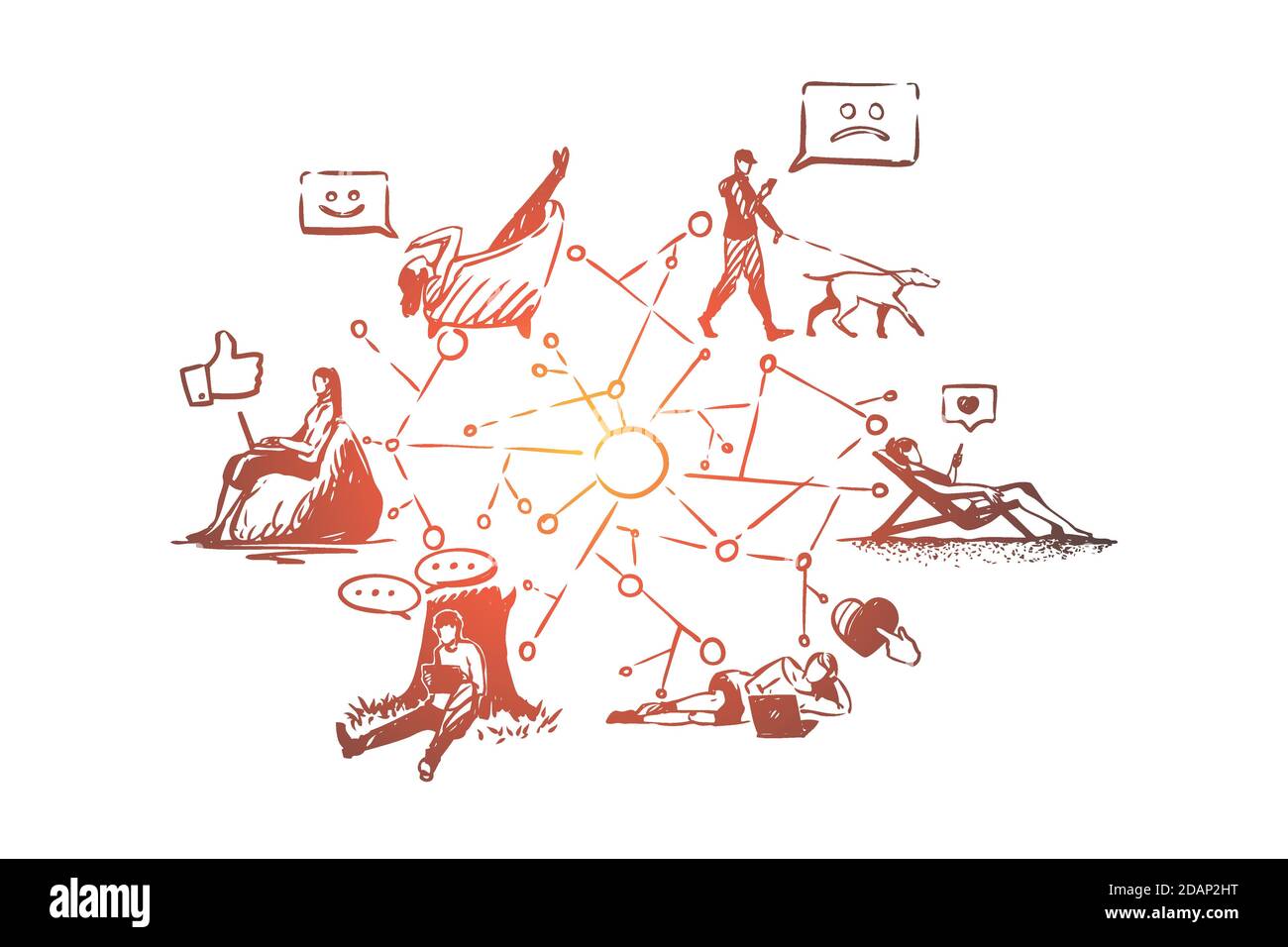 Social, smartphone, addiction, network, internet concept. Hand drawn ...