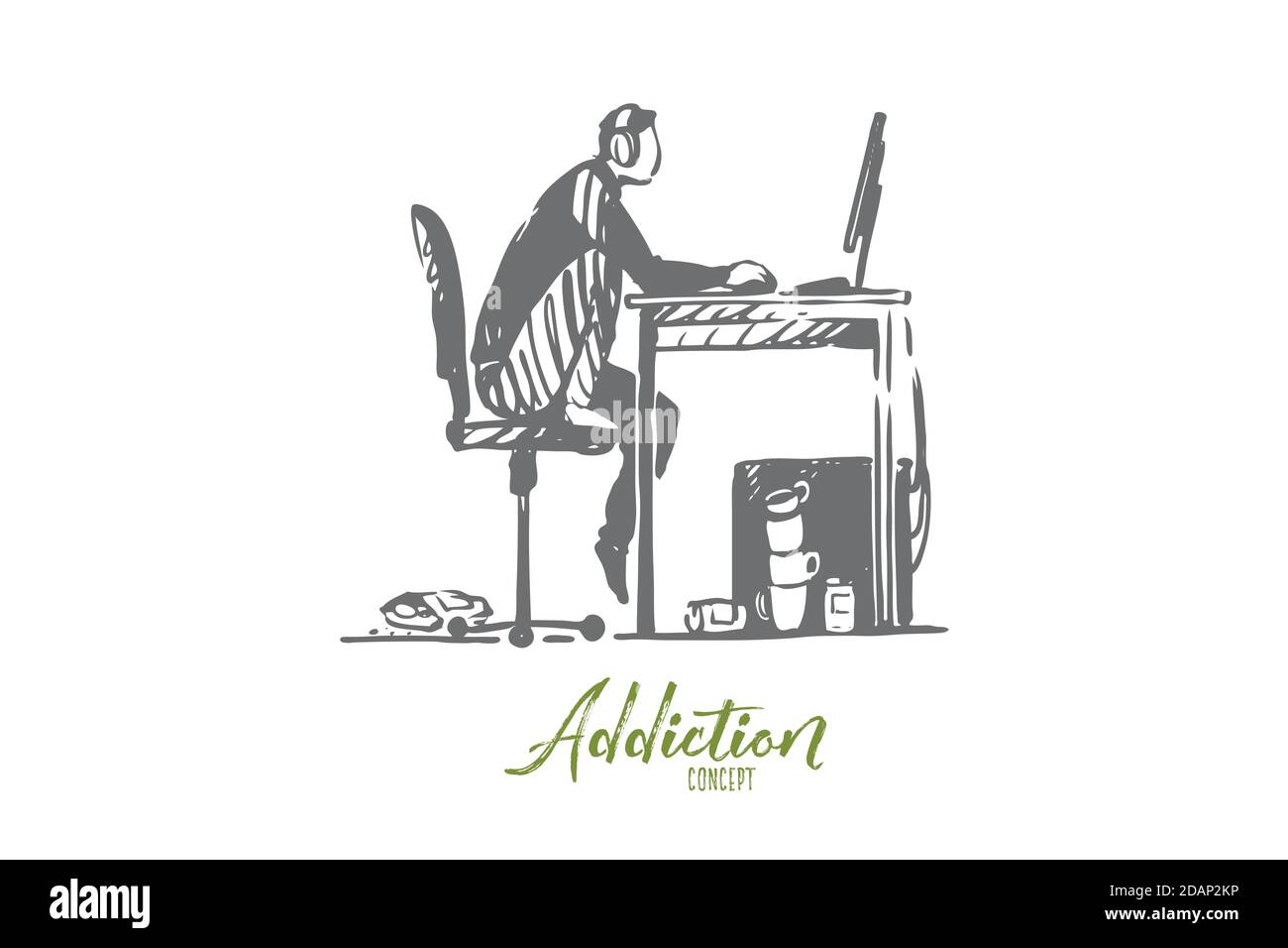 Computer, addiction, gaming, programmer concept. Hand drawn isolated ...