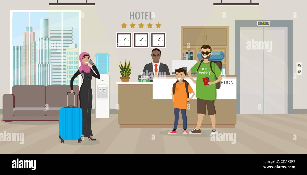 Modern Hotel reception Interior flat design.People in reception Stock ...