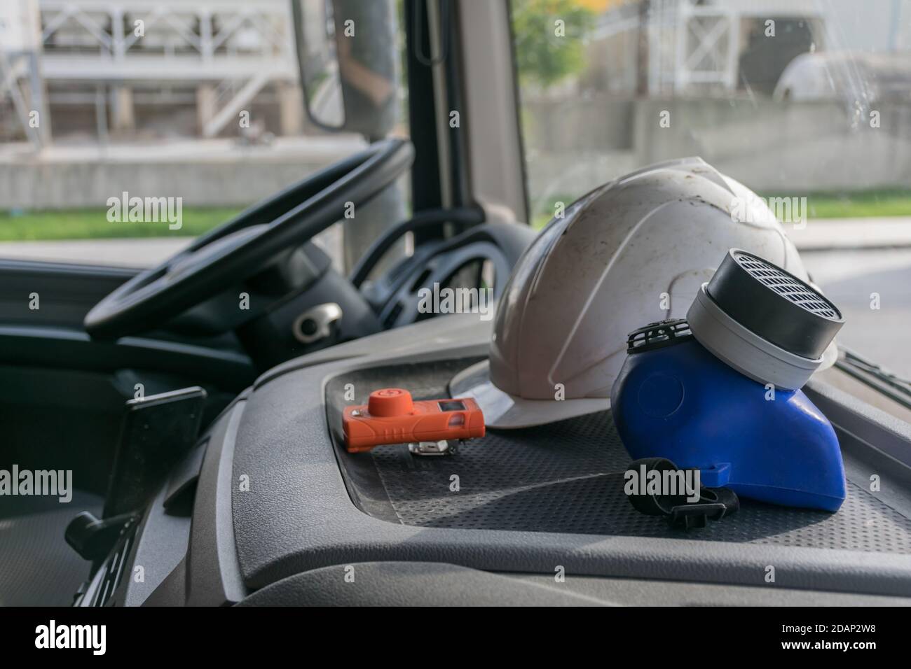 Personal protective equipment in the cabin of a truck that transports ...