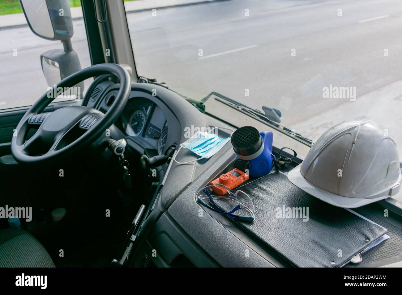 Personal protective equipment in the cabin of a truck that transports ...