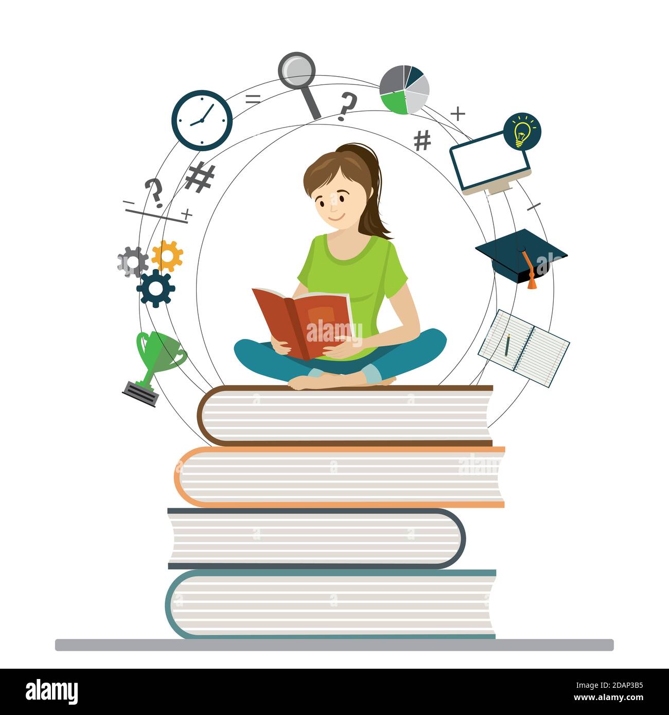 Cartoon girl teen sitting on books and read book Stock Vector Image ...