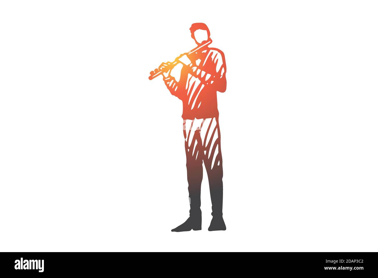 Flute, musician, man, instrument, play concept. Hand drawn isolated ...