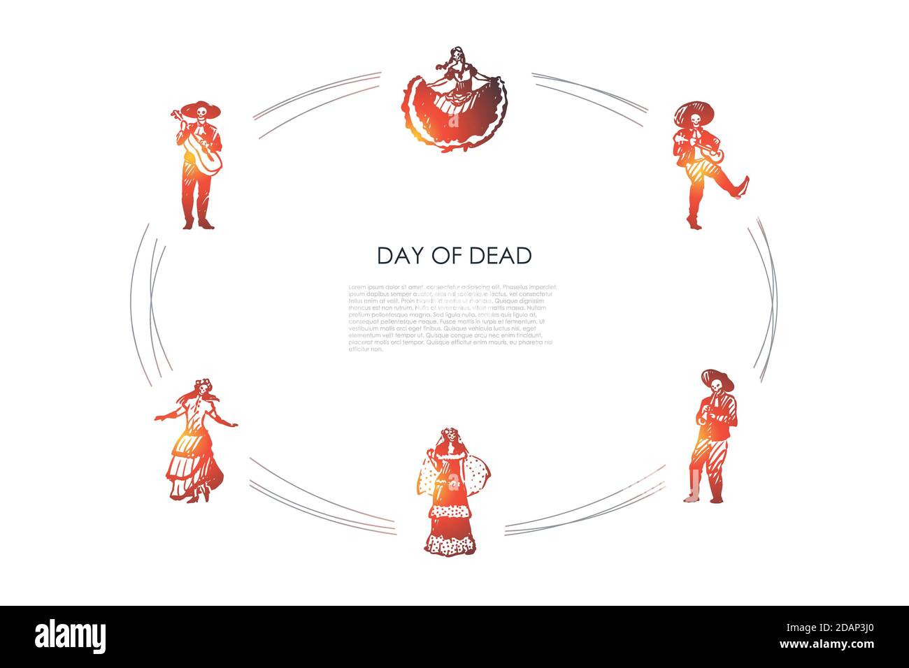 Day of dead - skeletons of dead people in costumes dancing and playing ...