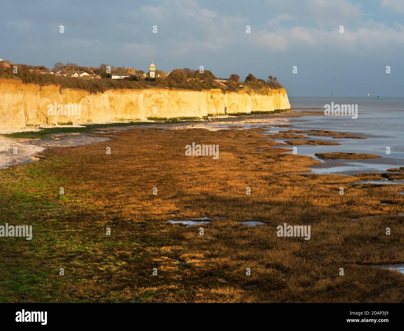 Chalkland coastline, Pegwell Bay, Ramsgate, KENT UK, sunset, showing ...