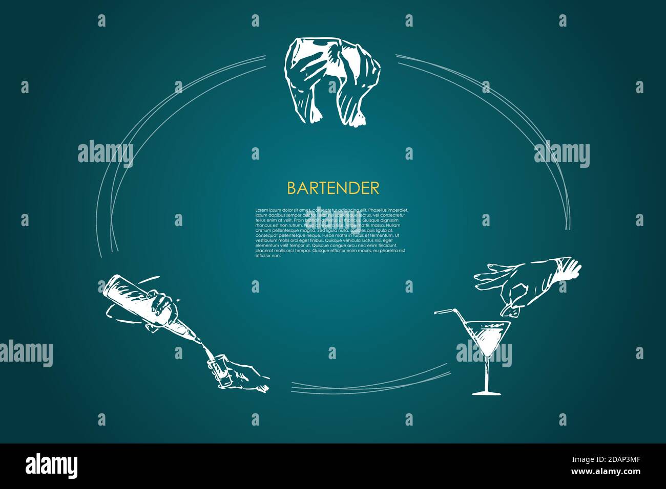 Bartender - hands of bartender shaking cocktail, putting lemon on glass, pouring drink from ...