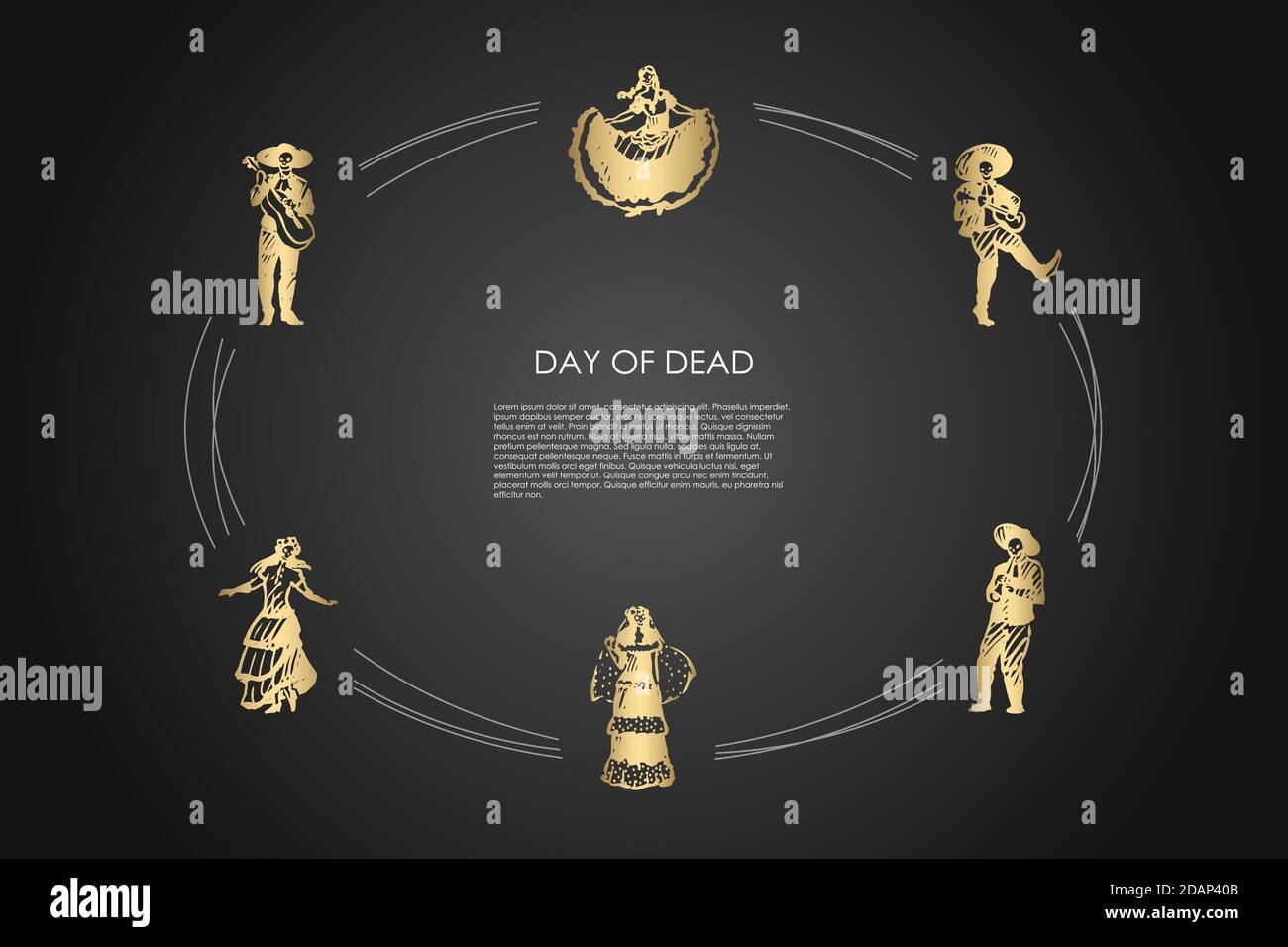 Day of dead - skeletons of dead people in costumes dancing and playing ...