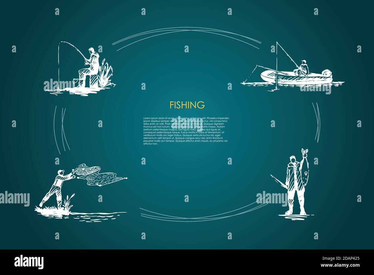 Fishing - fisherman casting net, fishing rod, catching fish, sitting on ...