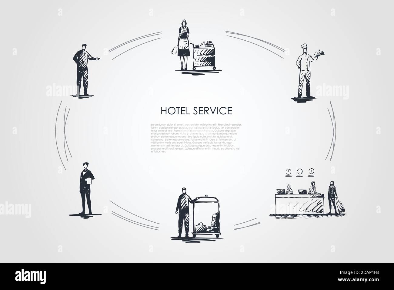 Hotel service -workers at reception, cleaning service, chef, waiter and ...