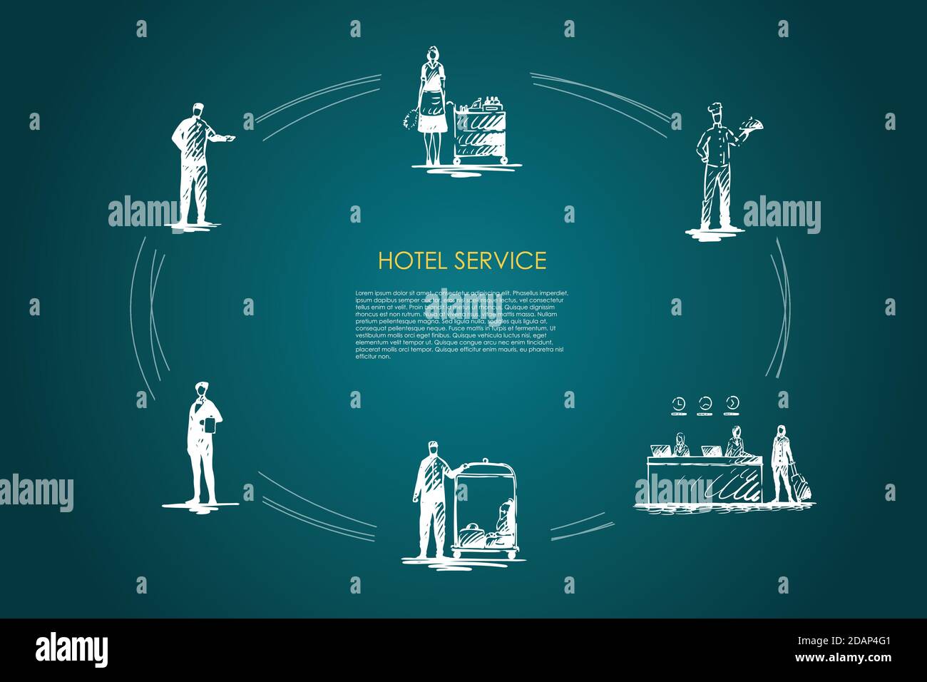 Hotel service -workers at reception, cleaning service, chef, waiter and ...