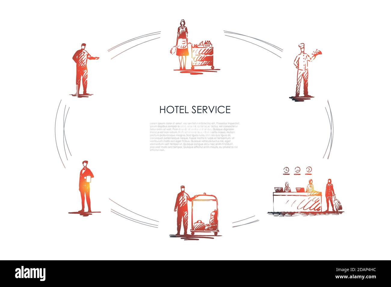 Hotel service -workers at reception, cleaning service, chef, waiter and ...