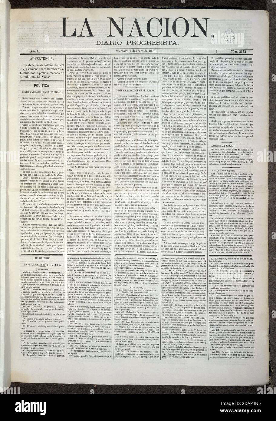 LA NACION 1873. Location: BIBLIOTECA NACIONAL-COLECCION. MADRID. SPAIN ...