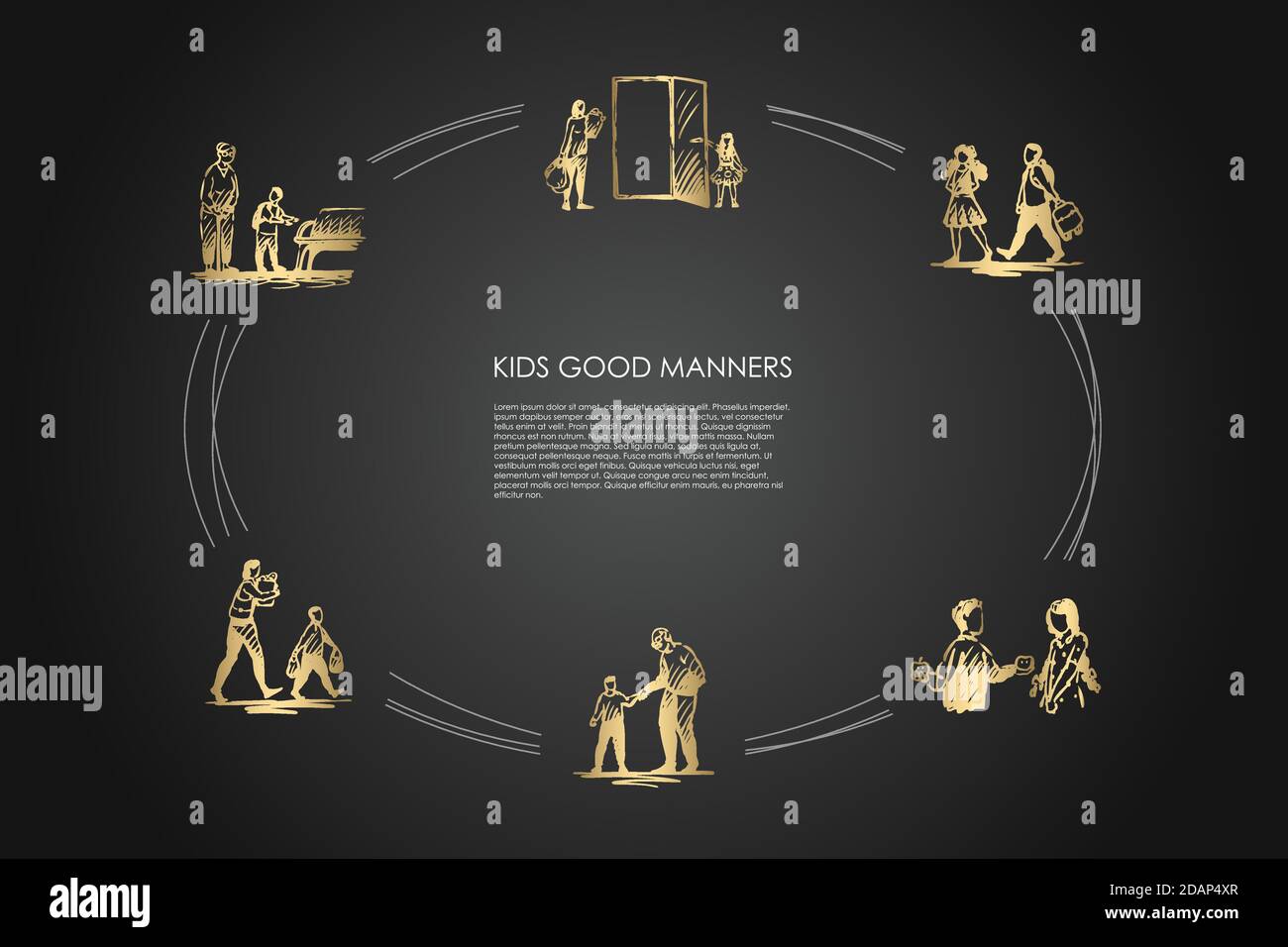 Kids good manners - boy helping girl to carry bag, giving piece of food ...