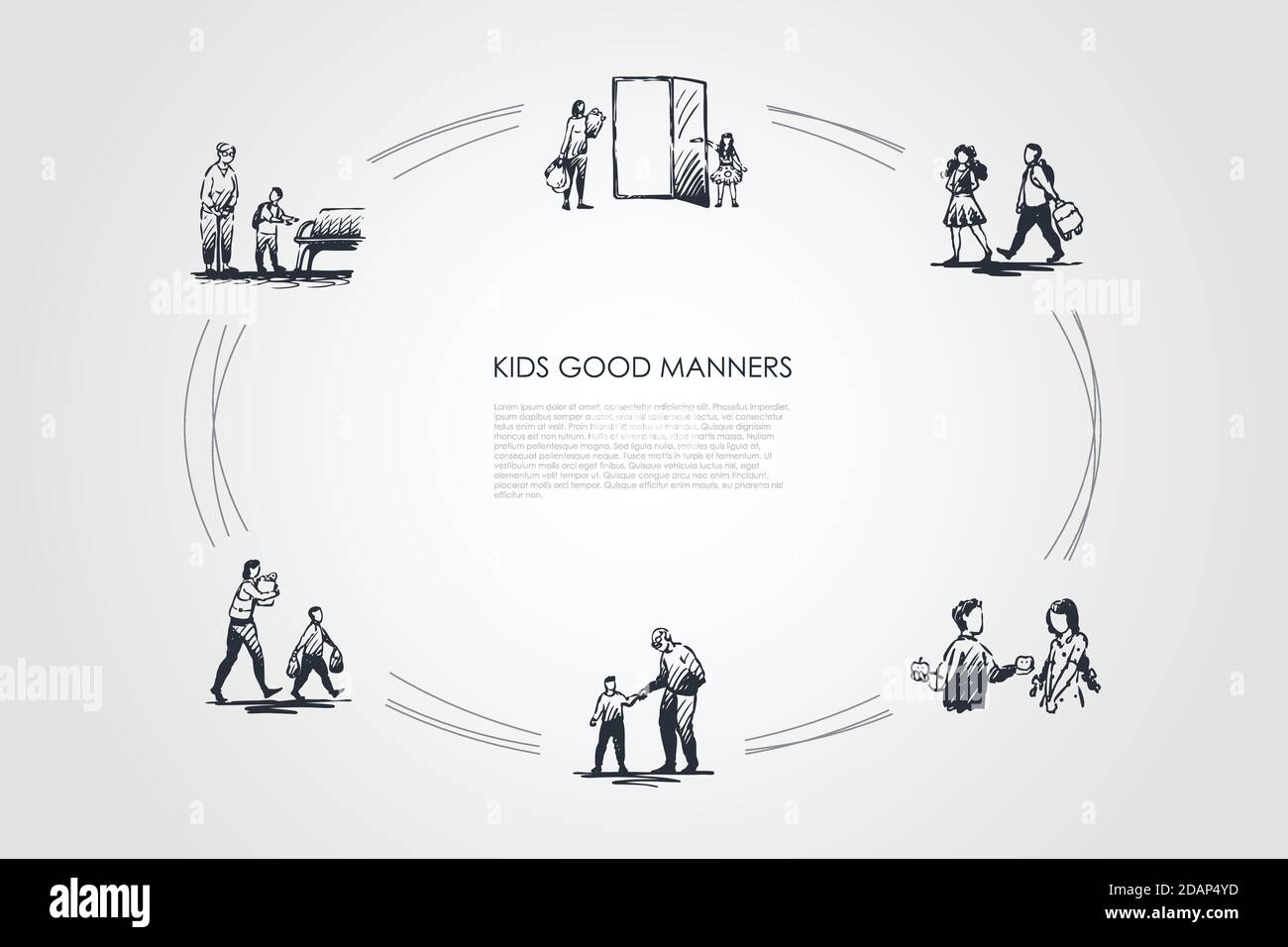 Kids good manners - boy helping girl to carry bag, giving piece of food ...