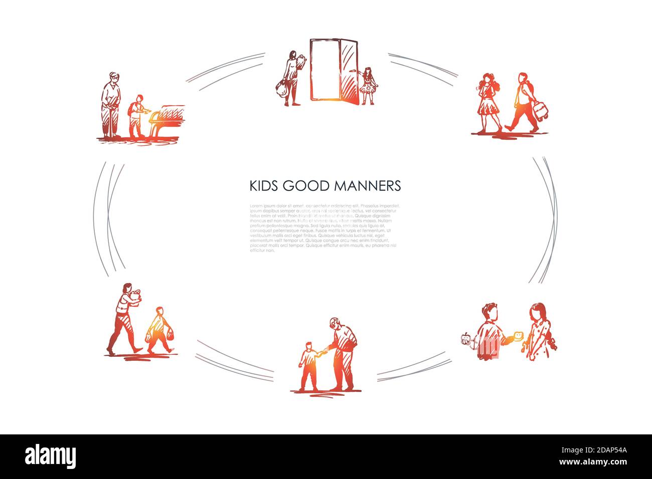 Kids good manners - boy helping girl to carry bag, giving piece of food ...