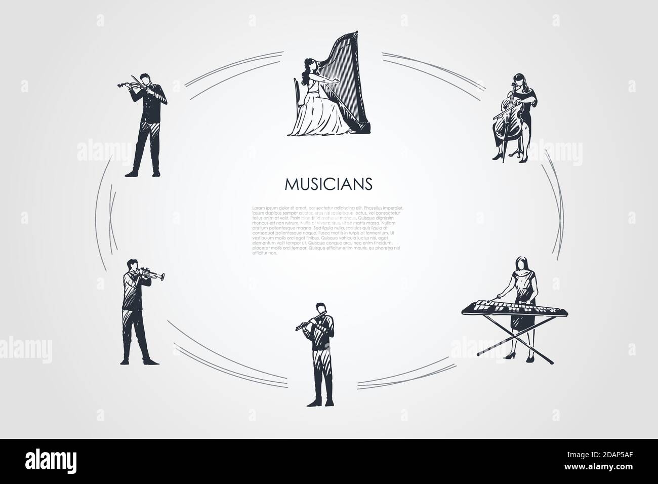 Musicians - violinist, harpist, cellist, xylophone player, flutist ...