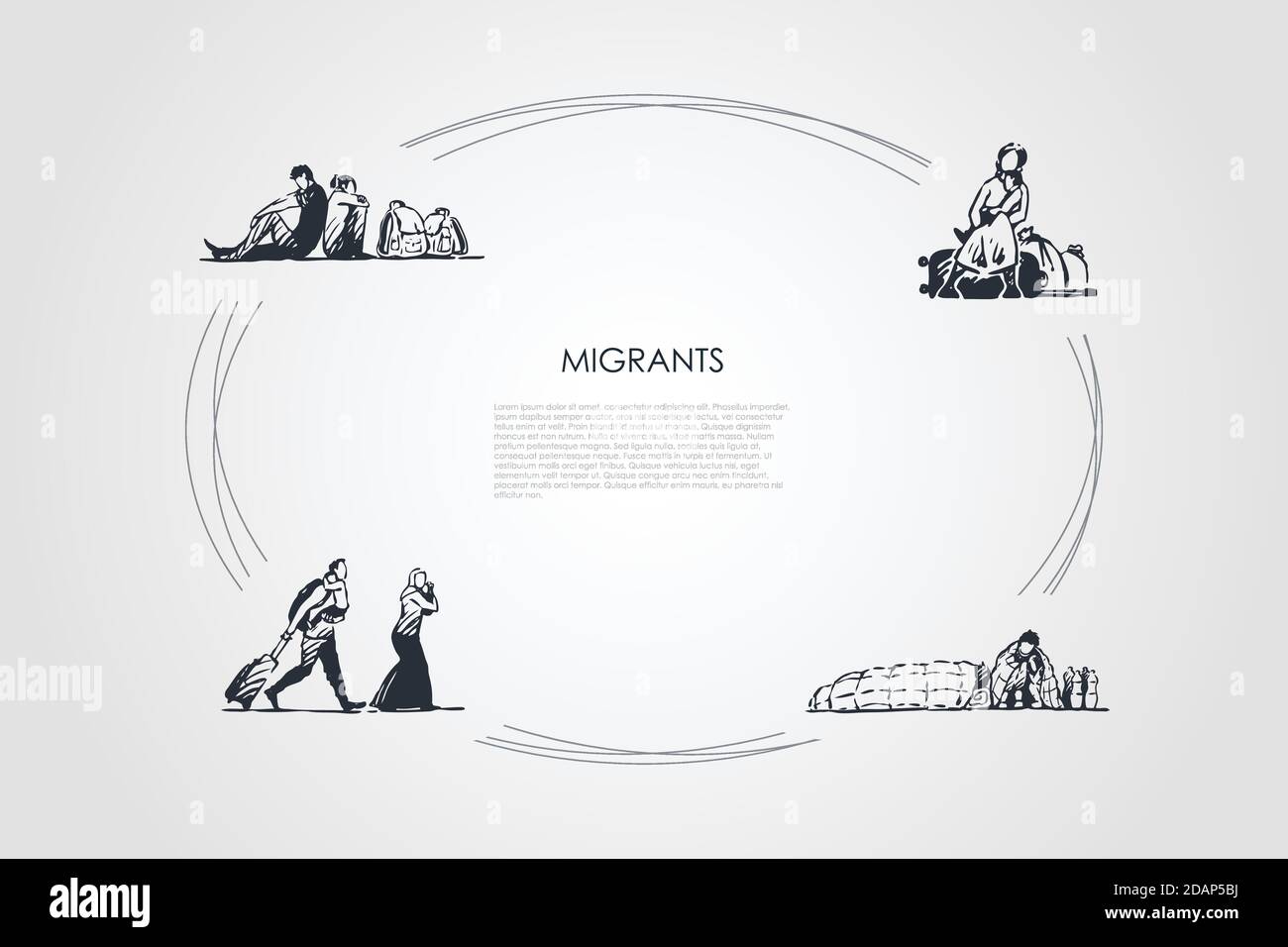 Migrants - people with bags migrating and sitting on streets vector ...