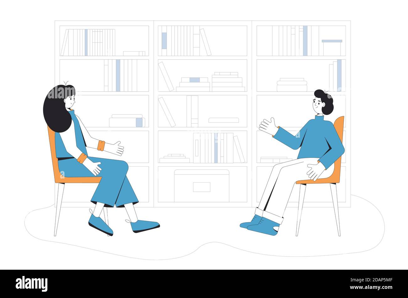 Interview concept. Two adult characters talking in the room. Female and ...