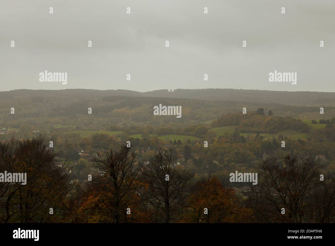 Mist on scenic view from Denbies Hillside, misty, Surrey Hills, England ...