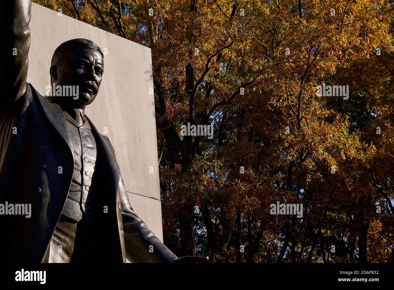 The statue of President Theodore Roosevelt during fall, autumn. At ...