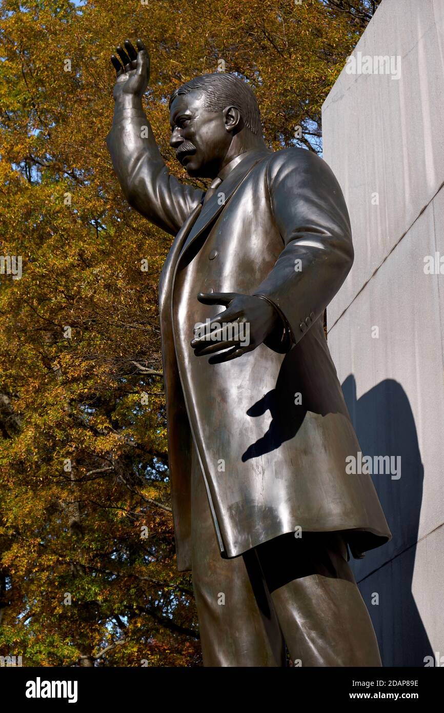 The statue of President Theodore Roosevelt during fall, autumn. At ...
